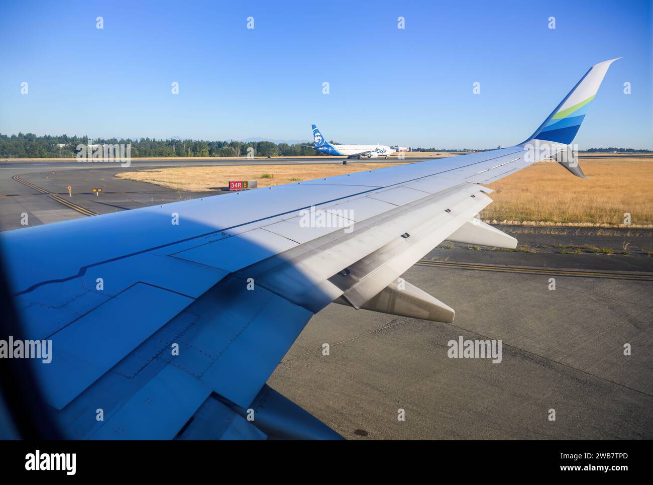 Seattle, USA - Aug 04 2023: Alaska Airline airplane on the runway ready ...