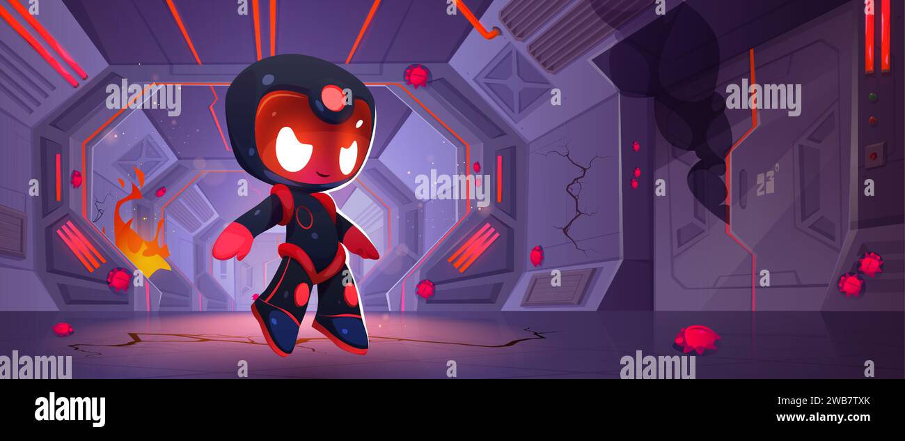 Evil robot in space ship with fire and flame. Vector cartoon ...