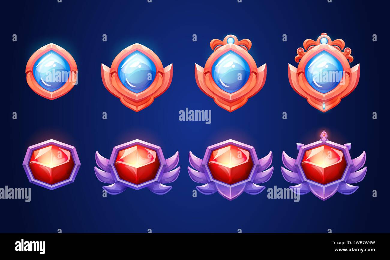 Set of medieval game rank badges isolated on background. Vector cartoon ...