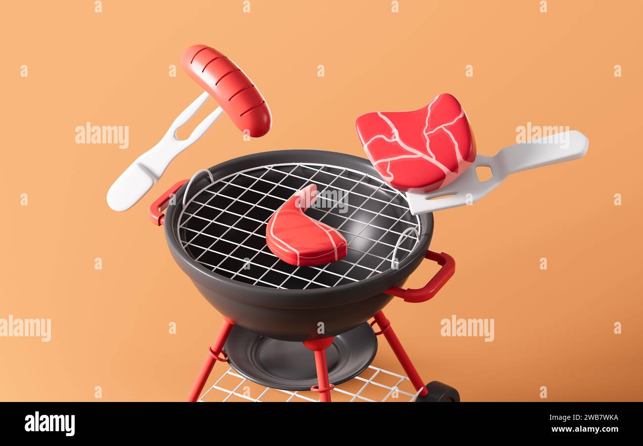 Cartoon meat and sausage are grilled over a fire, cartoon barbecue, 3d ...
