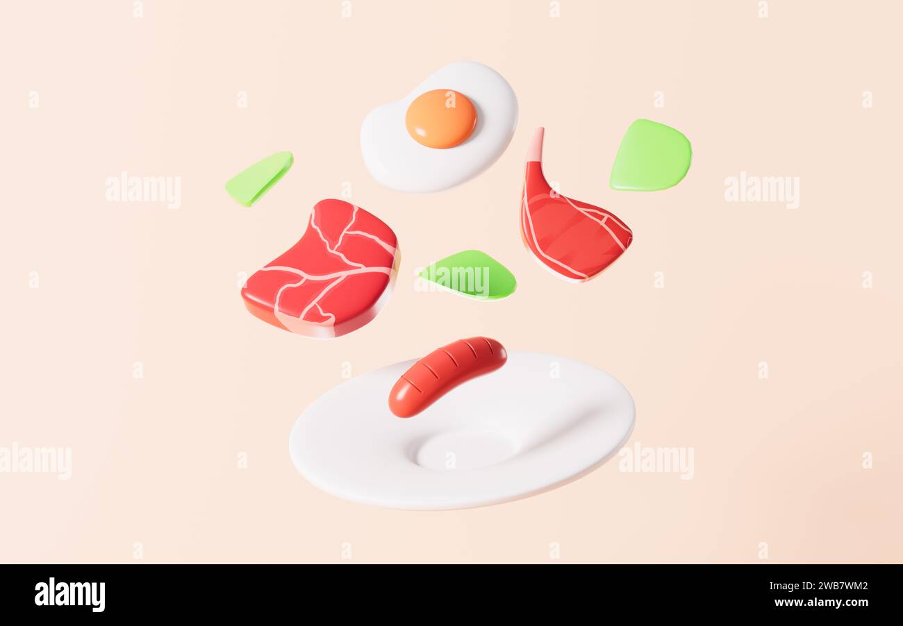 Cartoon meat ,sausage, vegetable and egg flying on the plate, a fried ...