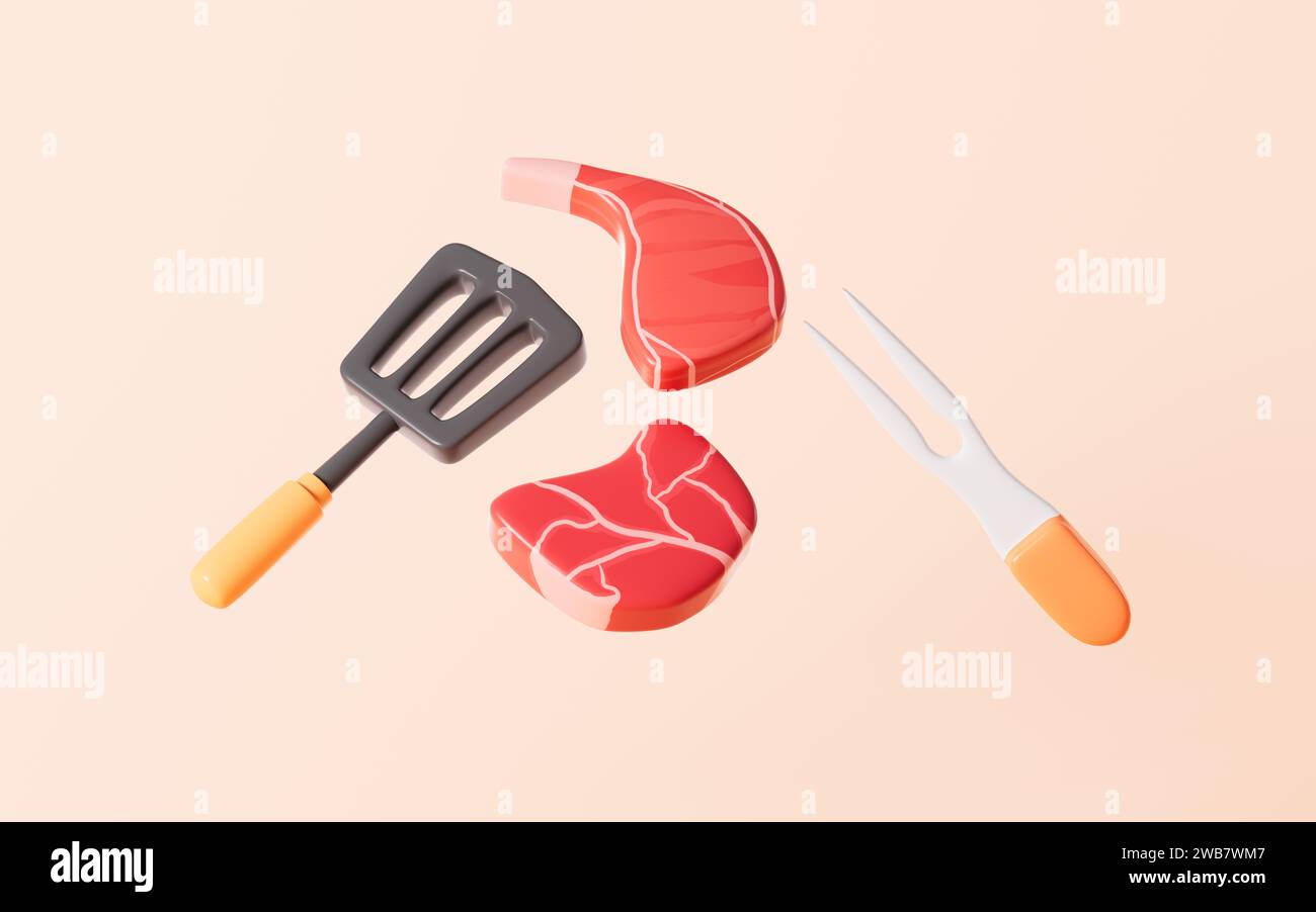 Cartoon meat and sausage are grilled over a fire, cartoon barbecue, 3d ...