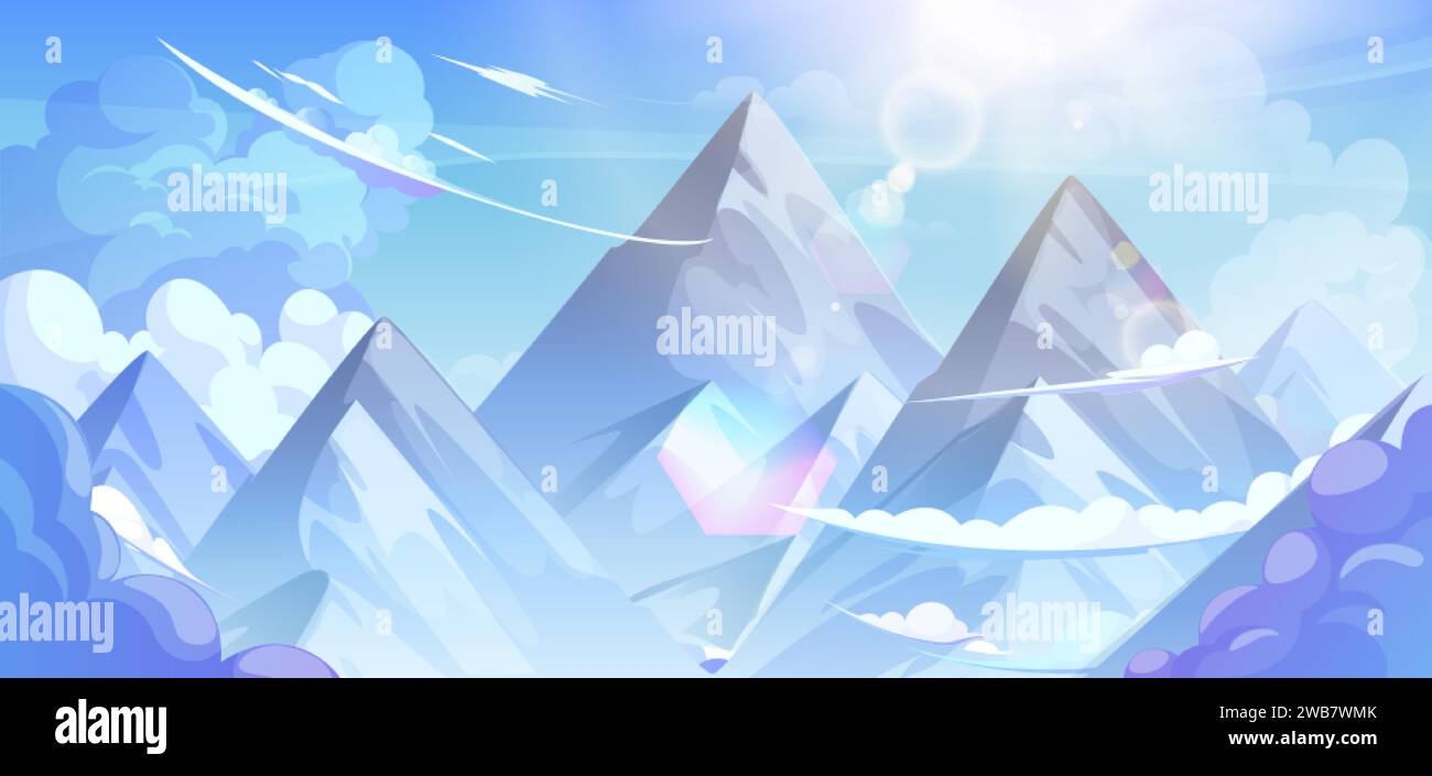 Peaks of high rocky mountains above clouds. Snowy stone hill top above ...