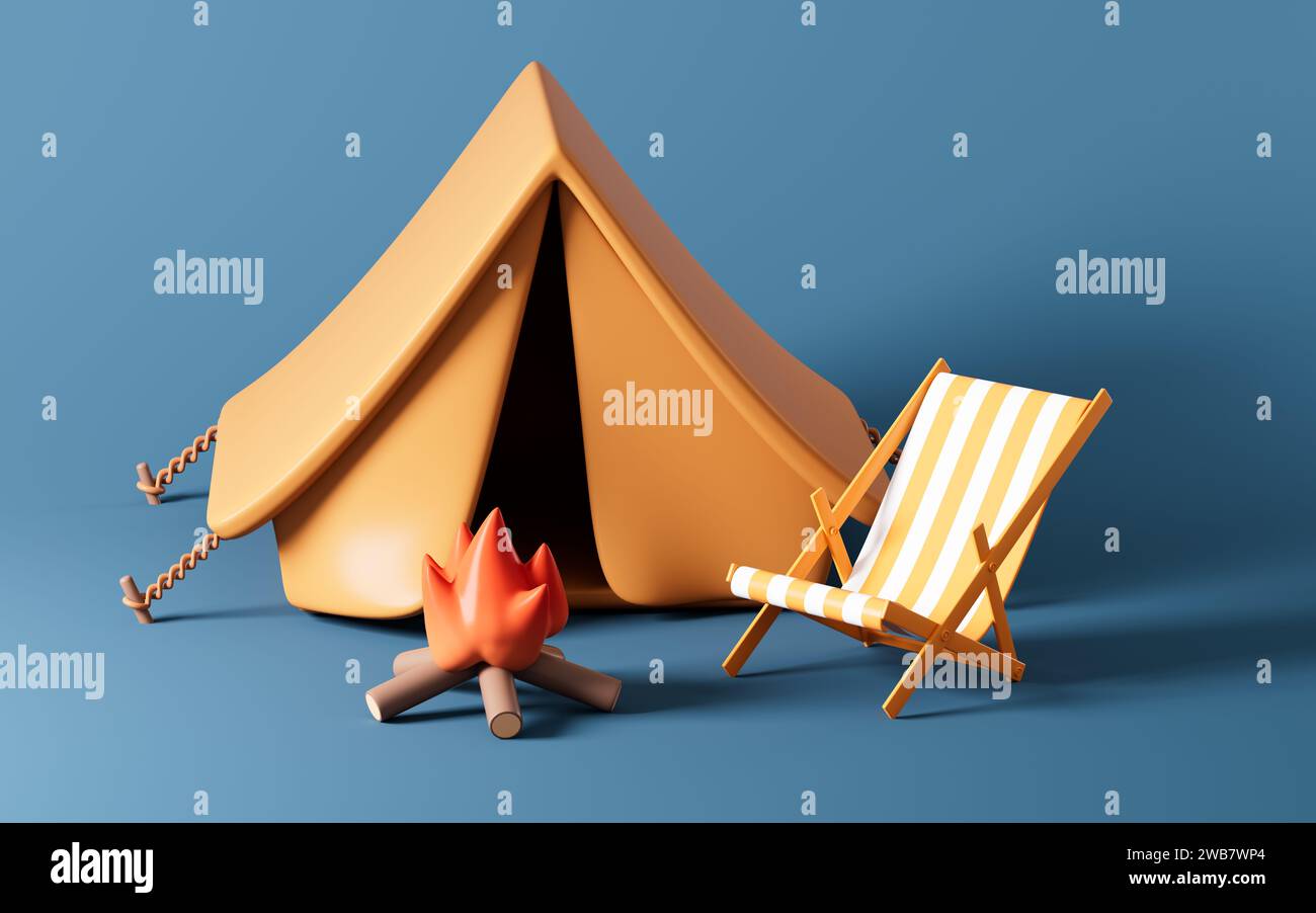 Cartoon tent and bonfire, cartoon camping, 3d rendering. 3d ...