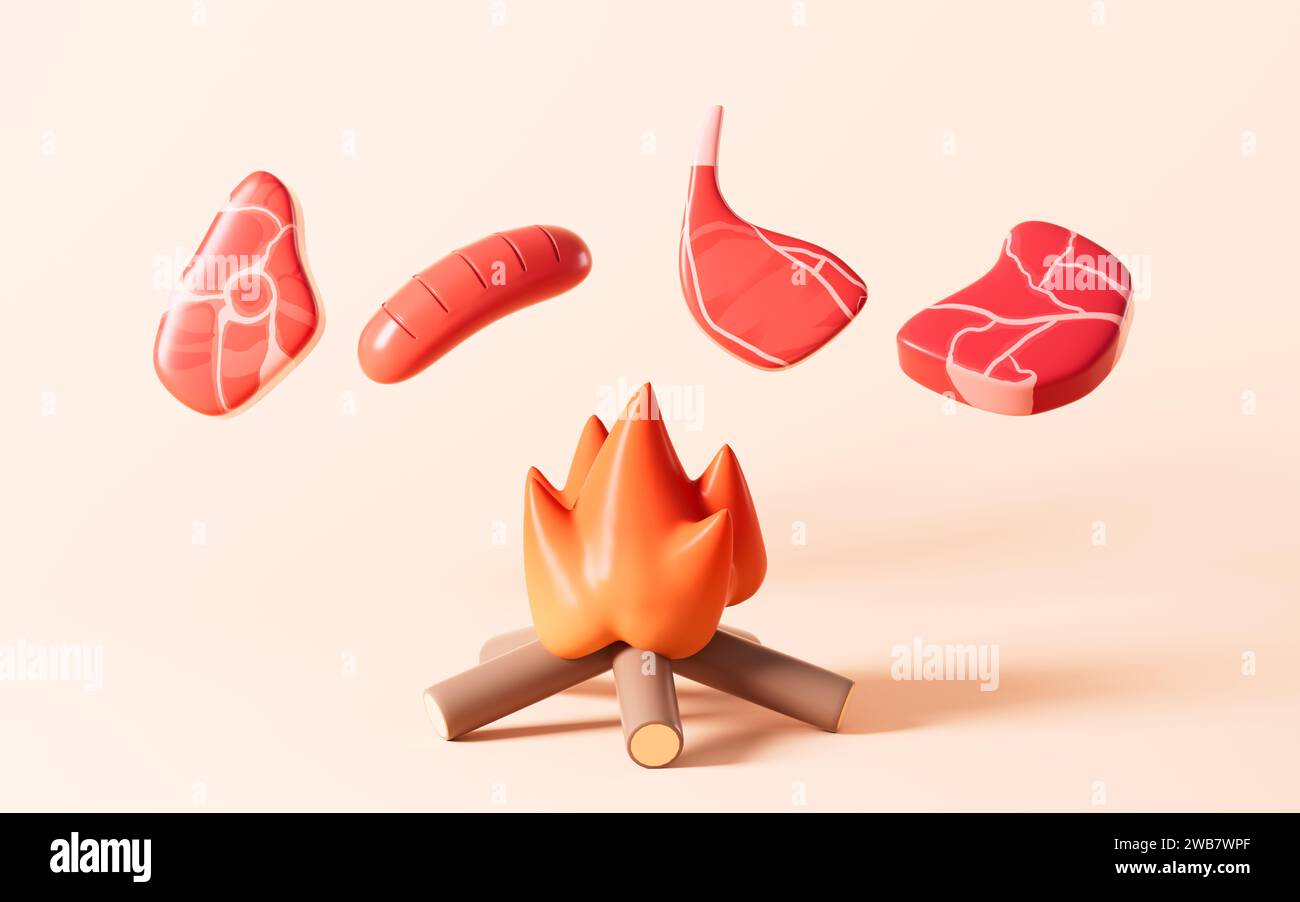 Cartoon meat and sausage are grilled over a fire, cartoon barbecue, 3d ...