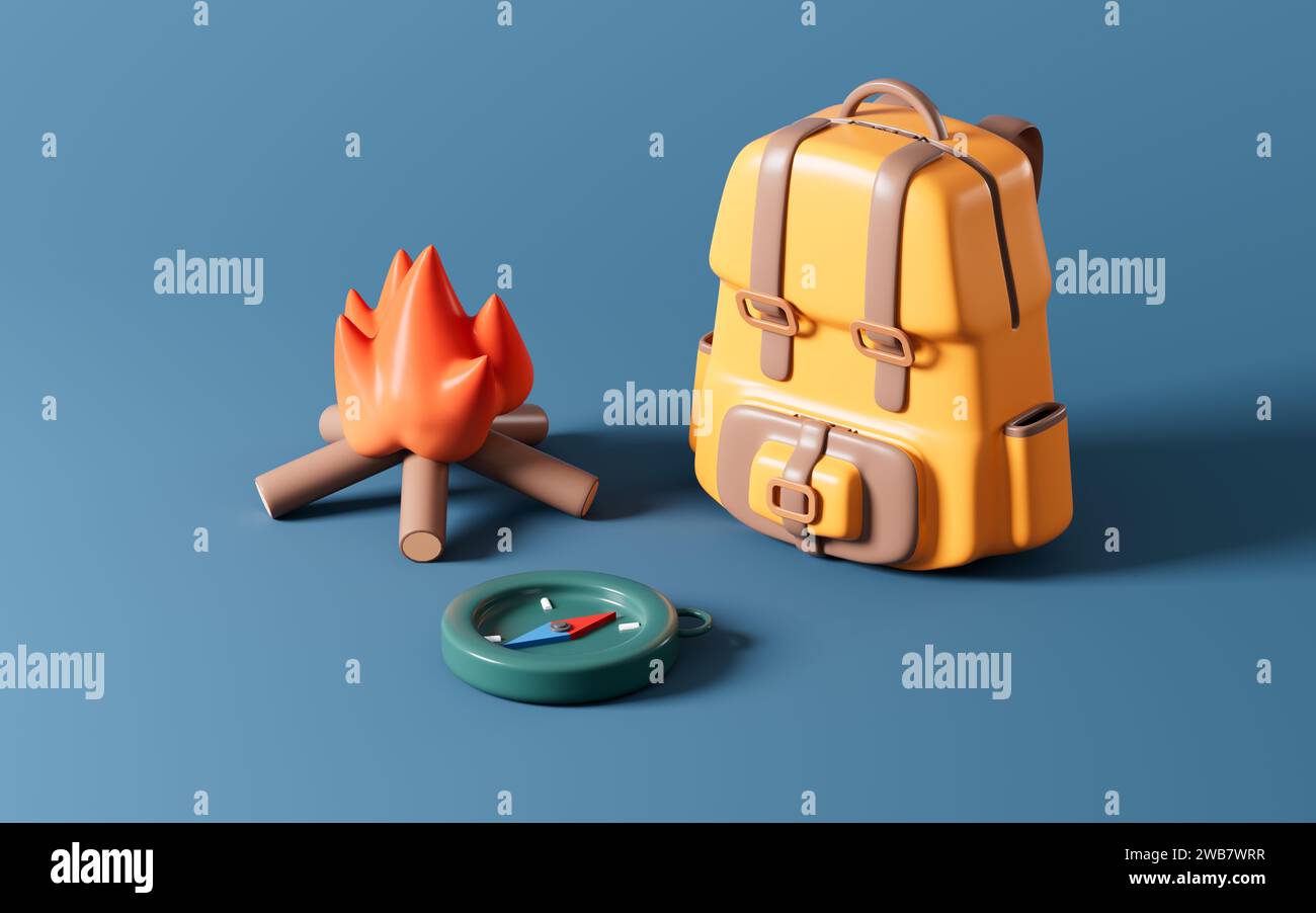 Cartoon camping bag and compass, 3d rendering. 3d illustration Stock ...