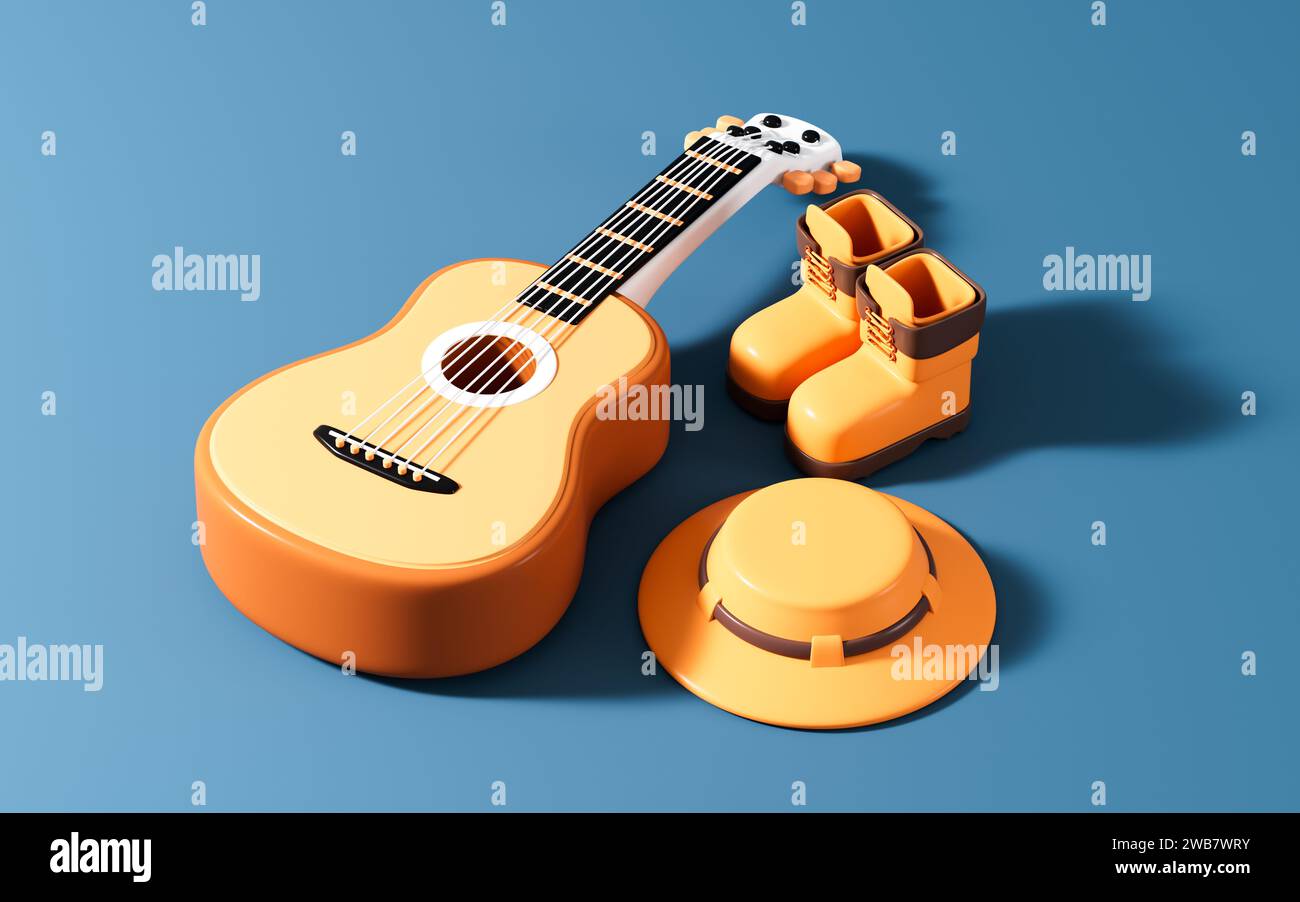 Cartoon boots, hat and guitar in the blue background, 3d rendering. 3d ...
