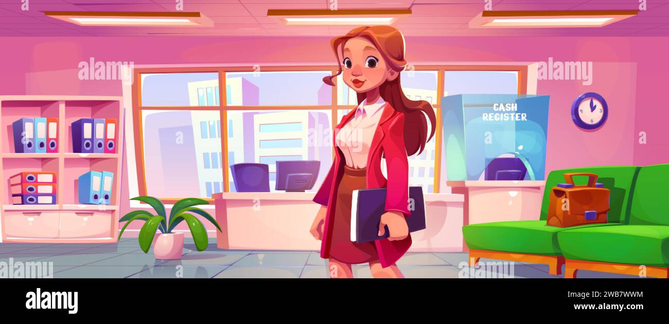 Young woman with documents in folder standing in bank office interior ...