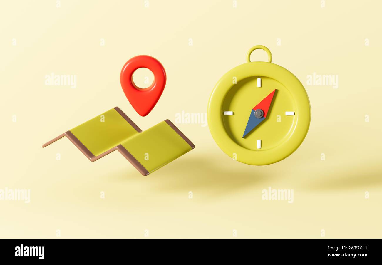 Cartoon map and compass , 3d rendering. 3d illustration Stock Photo - Alamy