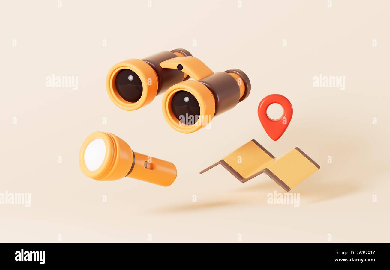 Cartoon binoculars, flashlight and map in the yellow background, 3d ...