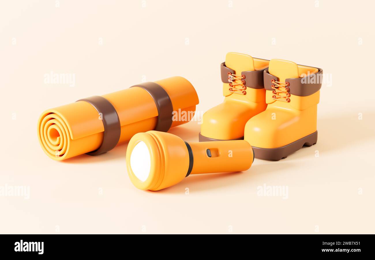 Cartoon flashlight, hiking boots and camping carpet, 3d rendering. 3d ...