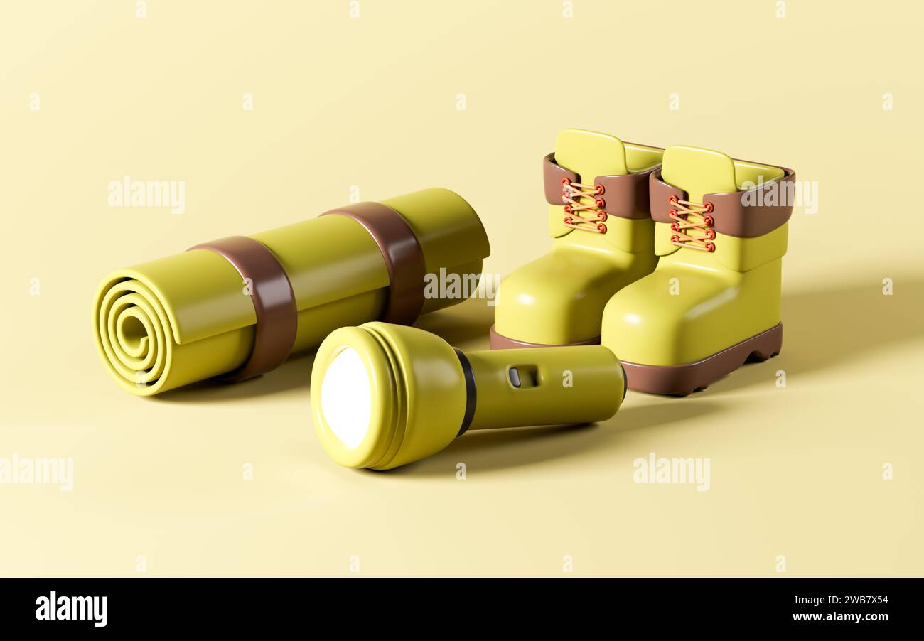 Cartoon flashlight, hiking boots and camping carpet, 3d rendering. 3d ...