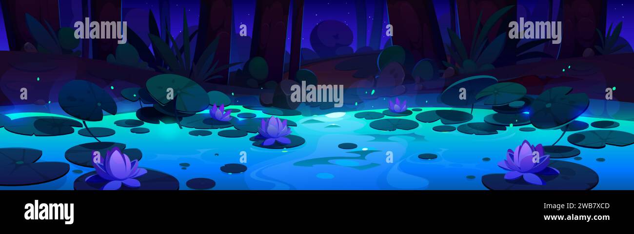 Night forest magic landscape with water lilies on lake surface, bush ...