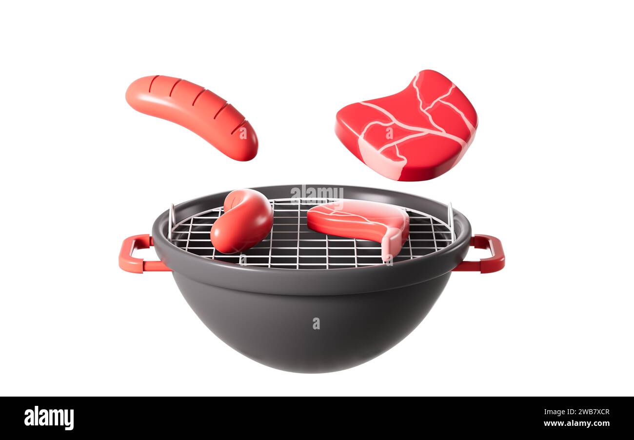 Cartoon meat and sausage are grilled over a fire, cartoon barbecue, 3d ...