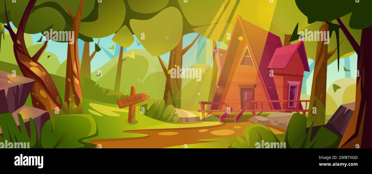 Wooden house in sunny forest. Vector cartoon illustration of cute hut ...