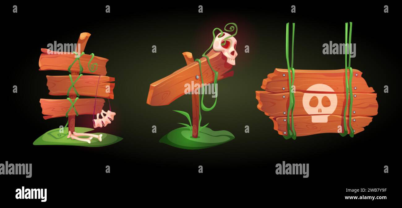 Wooden sign board with jungle liana vines, bones and skull on green ...