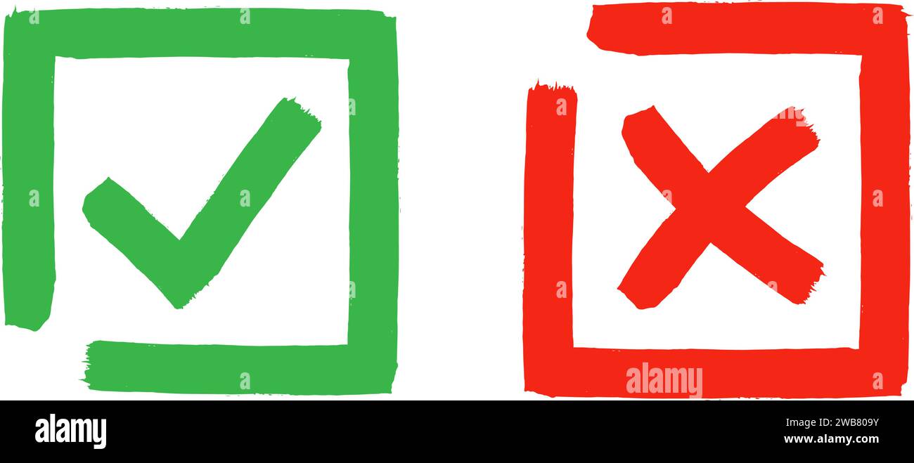 Two dirty grunge cross x and tick OK check marks in check boxes, hand ...
