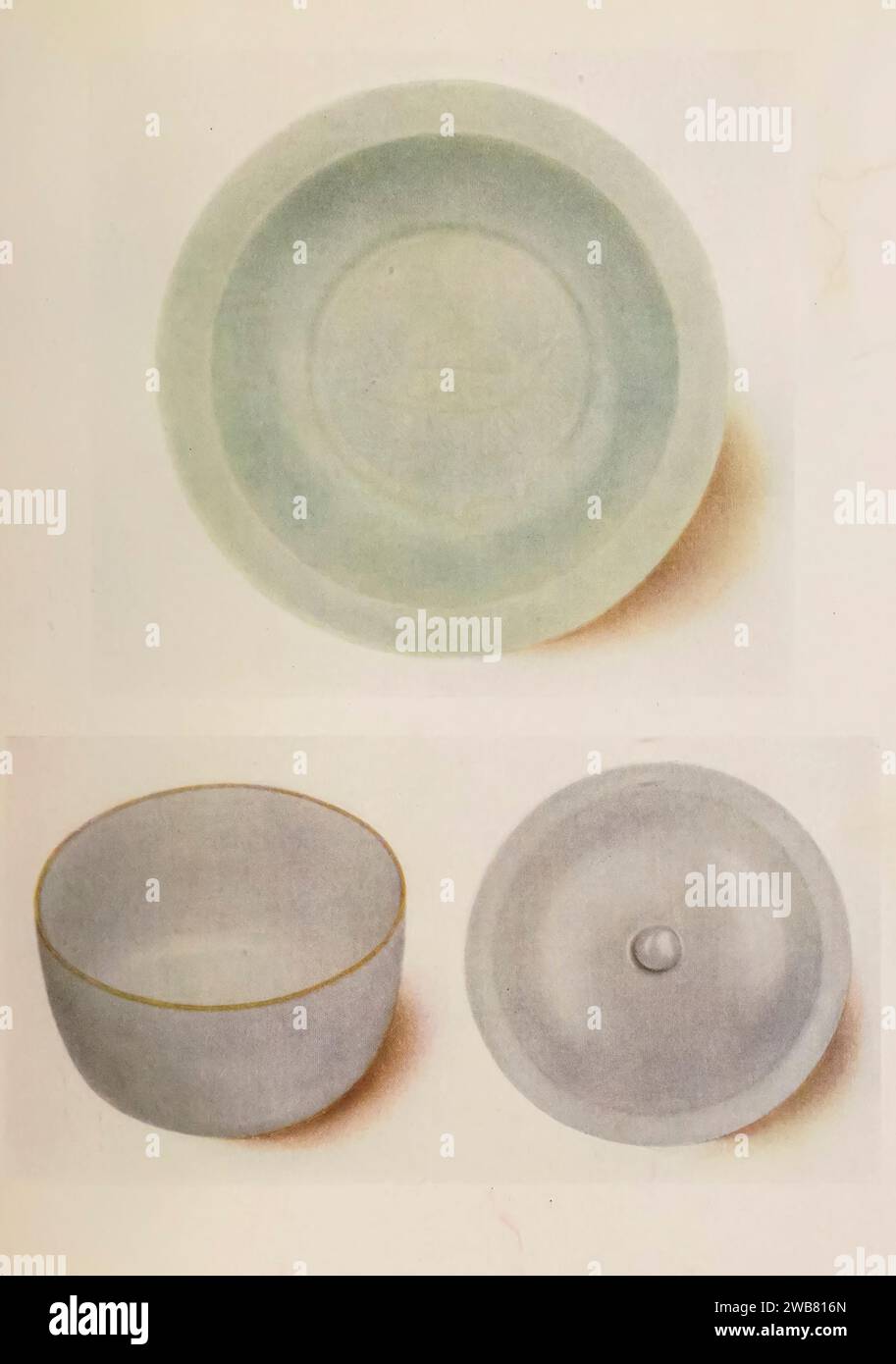 Top: Saucer of thick Stone-grey paste with incised design and glaze of ...