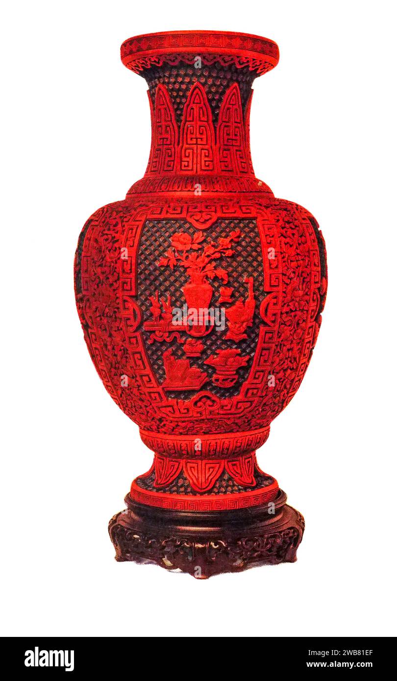Vase in carved red lacquer cut through to green and buff Ch’ing dynasty ...