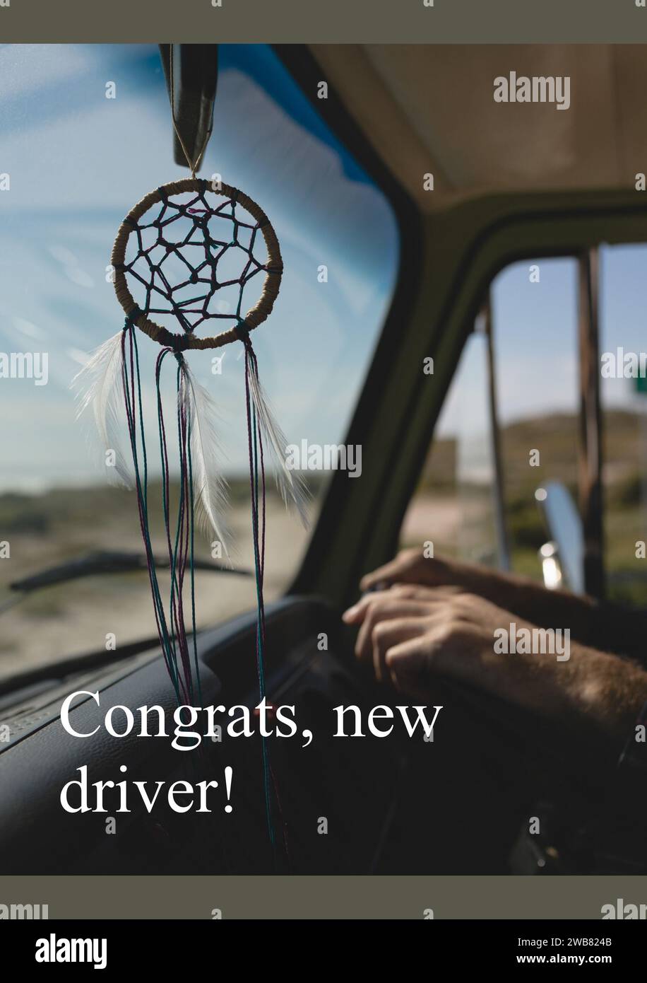 Congrats, new driver text in white over caucasian hands on steering ...