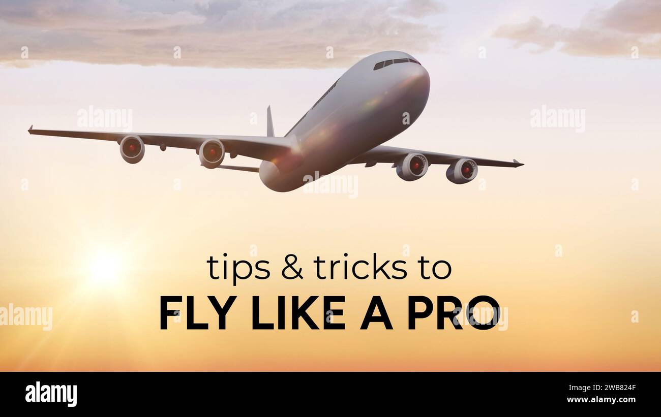 Tips and tricks to fly like a pro text with jet plane flying in sunset ...