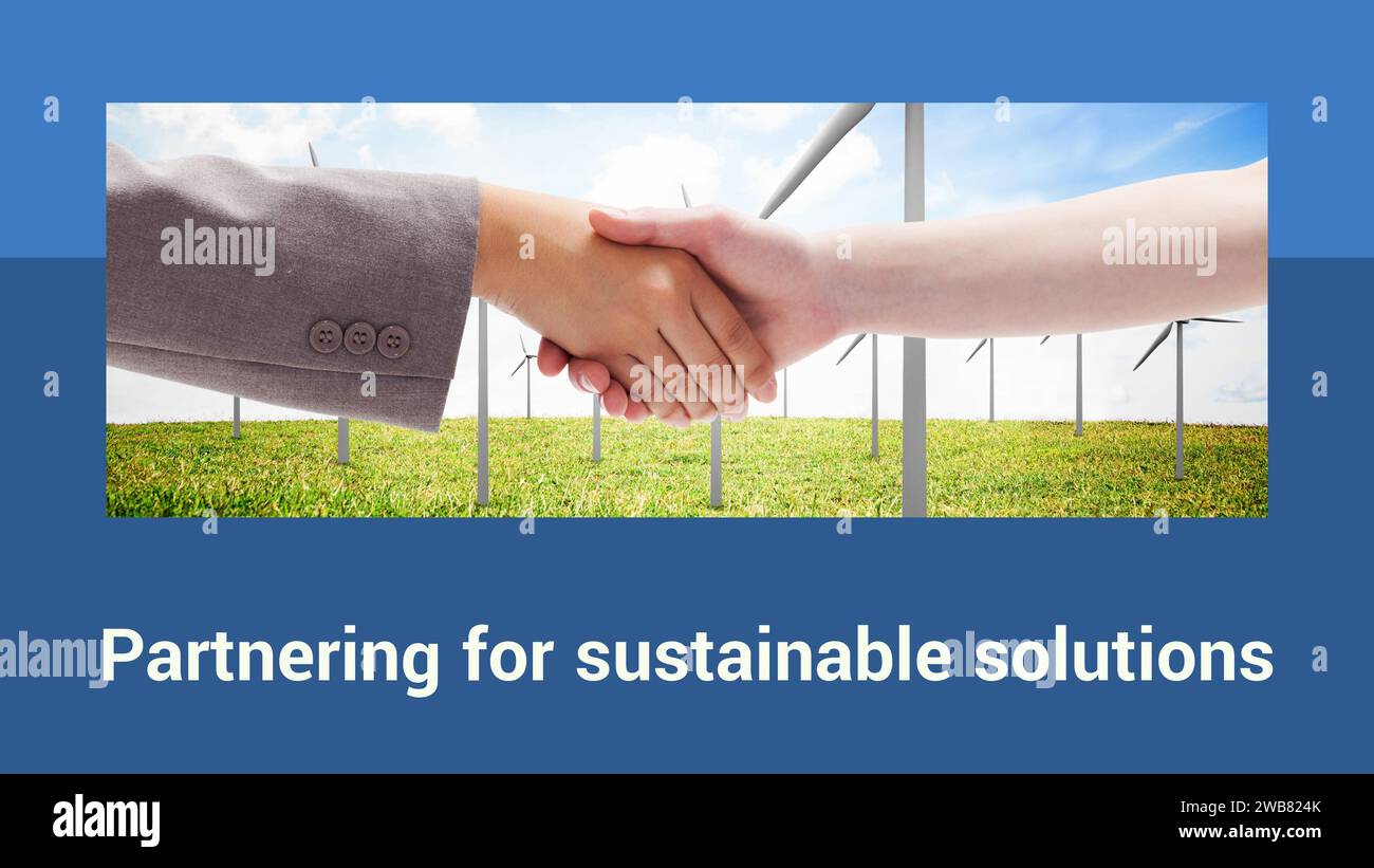 Partnering for sustainable solutions text with diverse female handshake ...