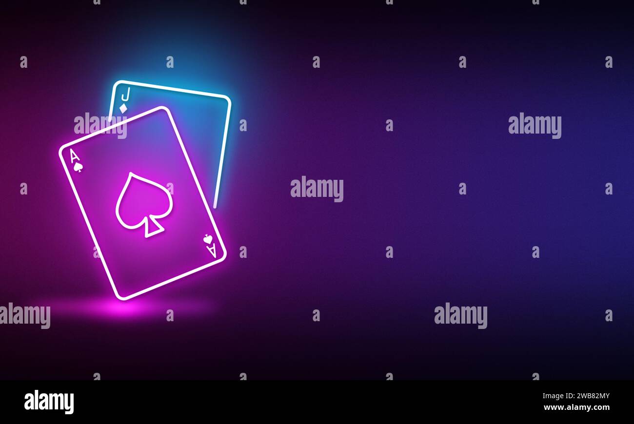 Casino theme background with Ace and Jack cards combination in neon ...