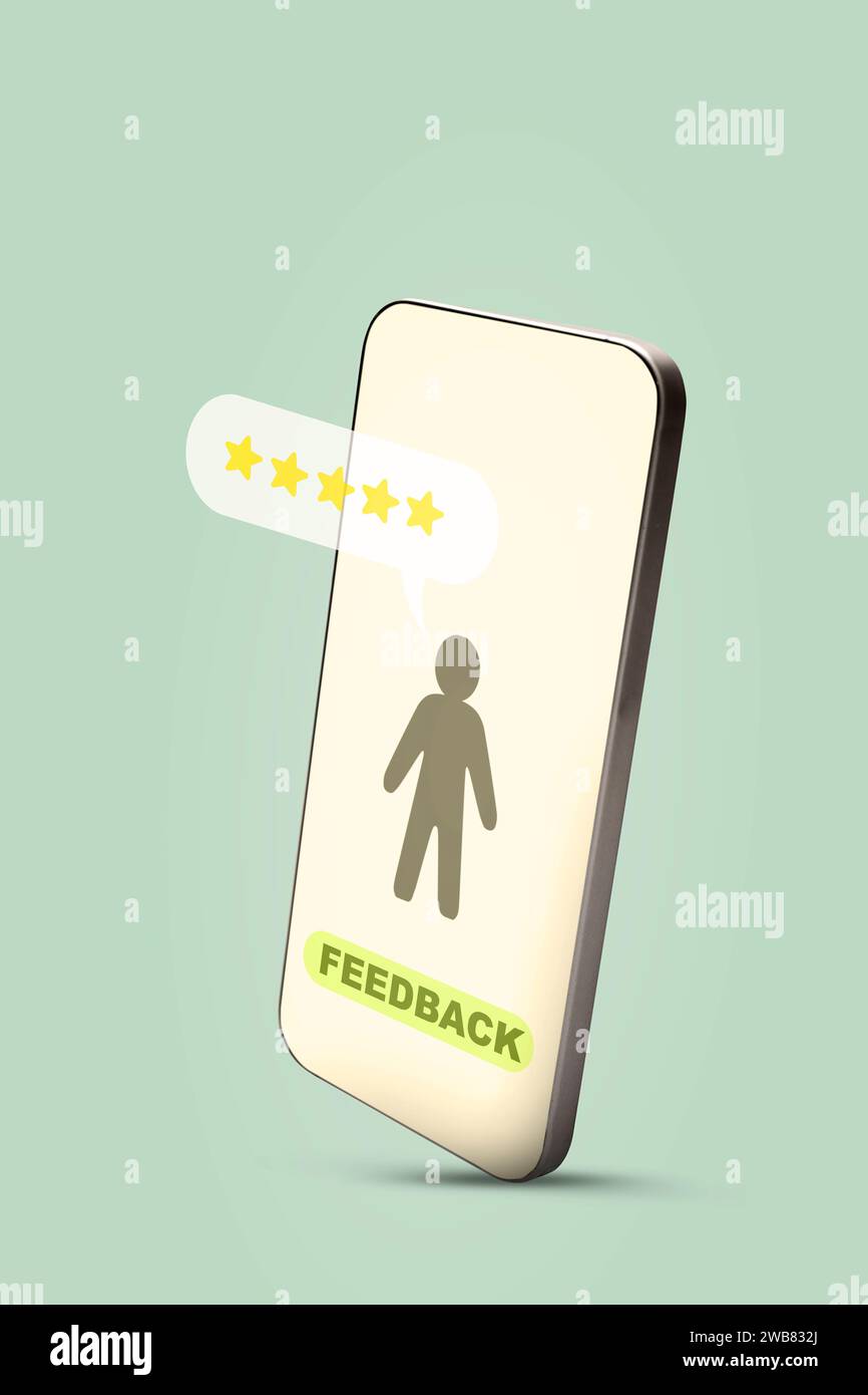 Closeup view of the word Feedback and the human figure with a five-star ...