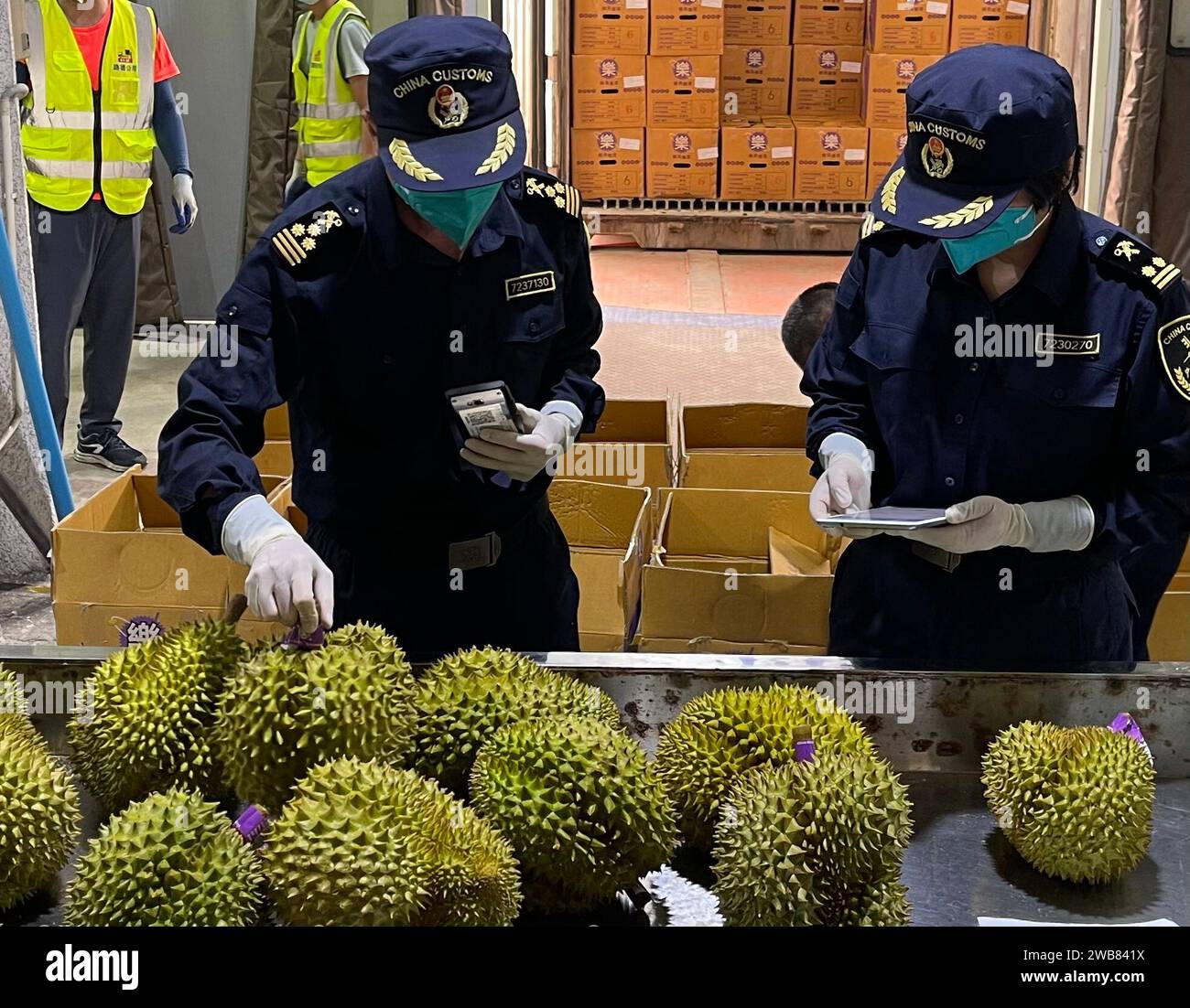 (240109) -- NANNING, Jan. 9, 2024 (Xinhua) -- Custom staff members ...