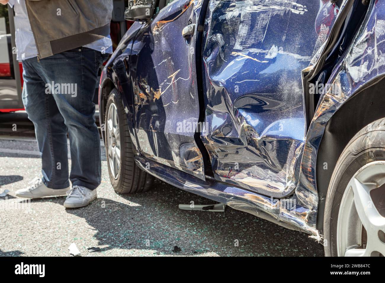 blue car damaged by crash accident Stock Photo - Alamy