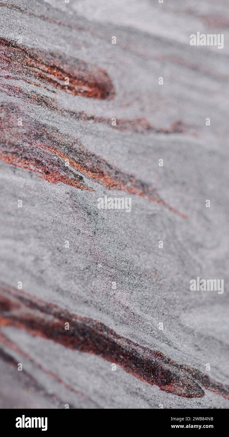 Glitter fluid spill. Paint blend. Blur bronze red gray color shimmering ...