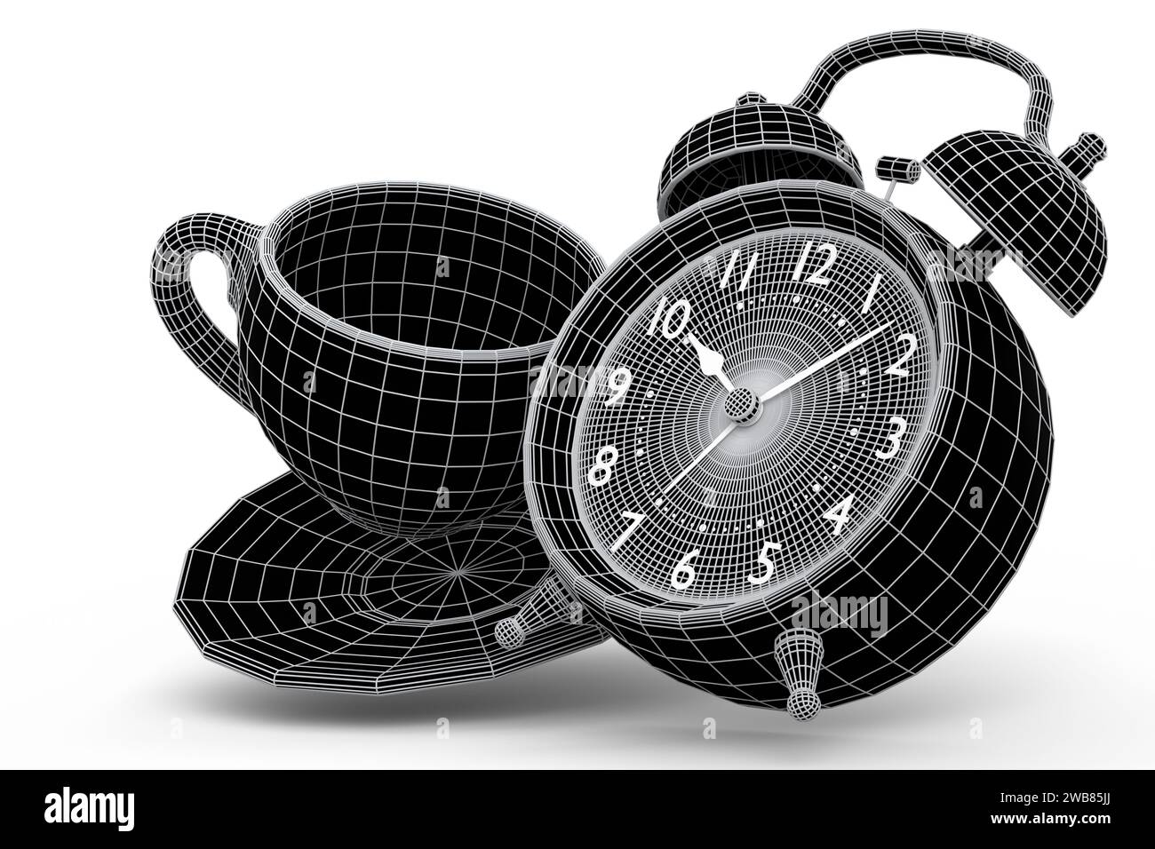 Vintage alarm clock with ceramic coffee cup on green background. 3d ...