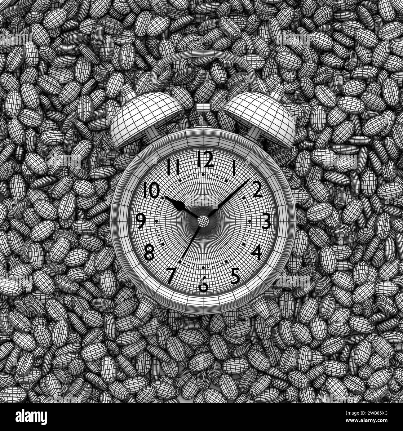 Vintage alarm clock with roasted coffee beans spread out on white ...