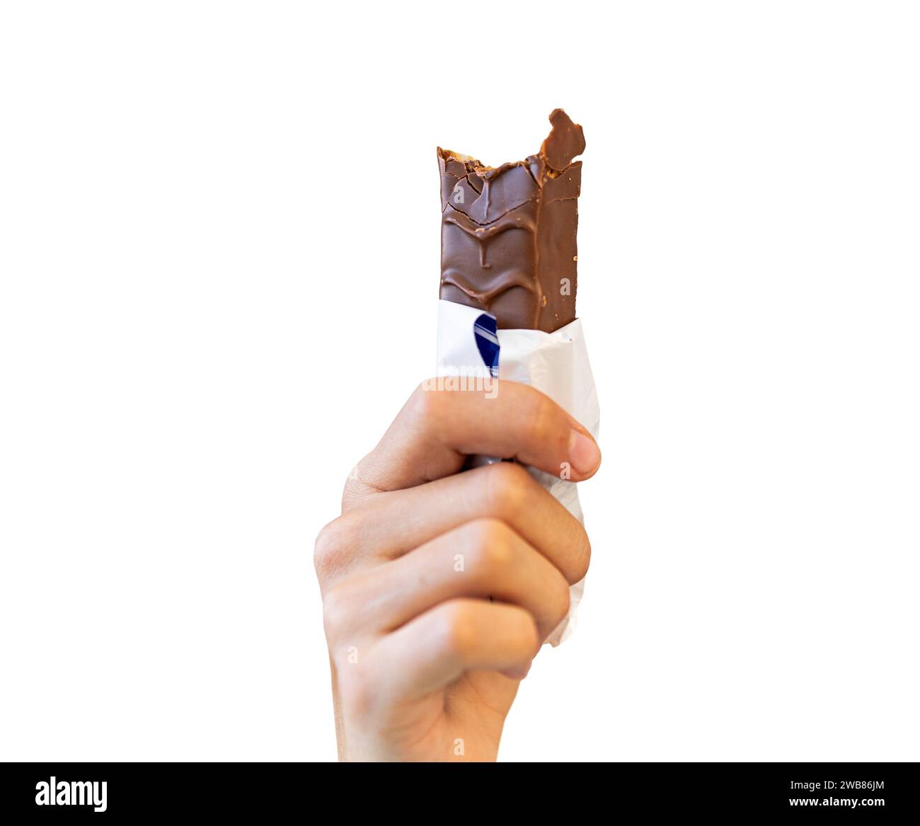 hand holding bitten off Chocolate Cereal Bar isolated on white ...