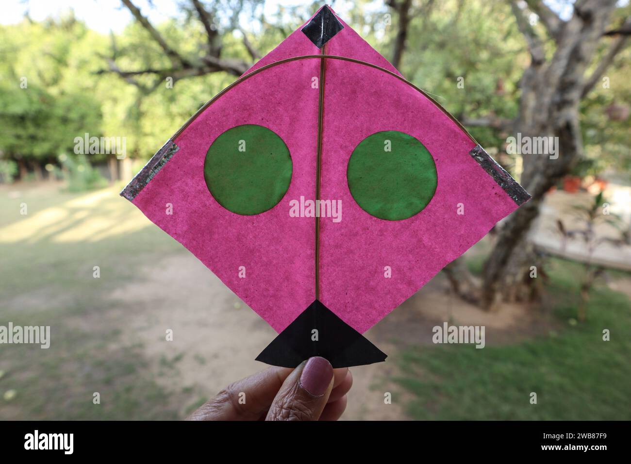 Small Pink kite in hands. Kite flying during kite festival. Happy makar ...