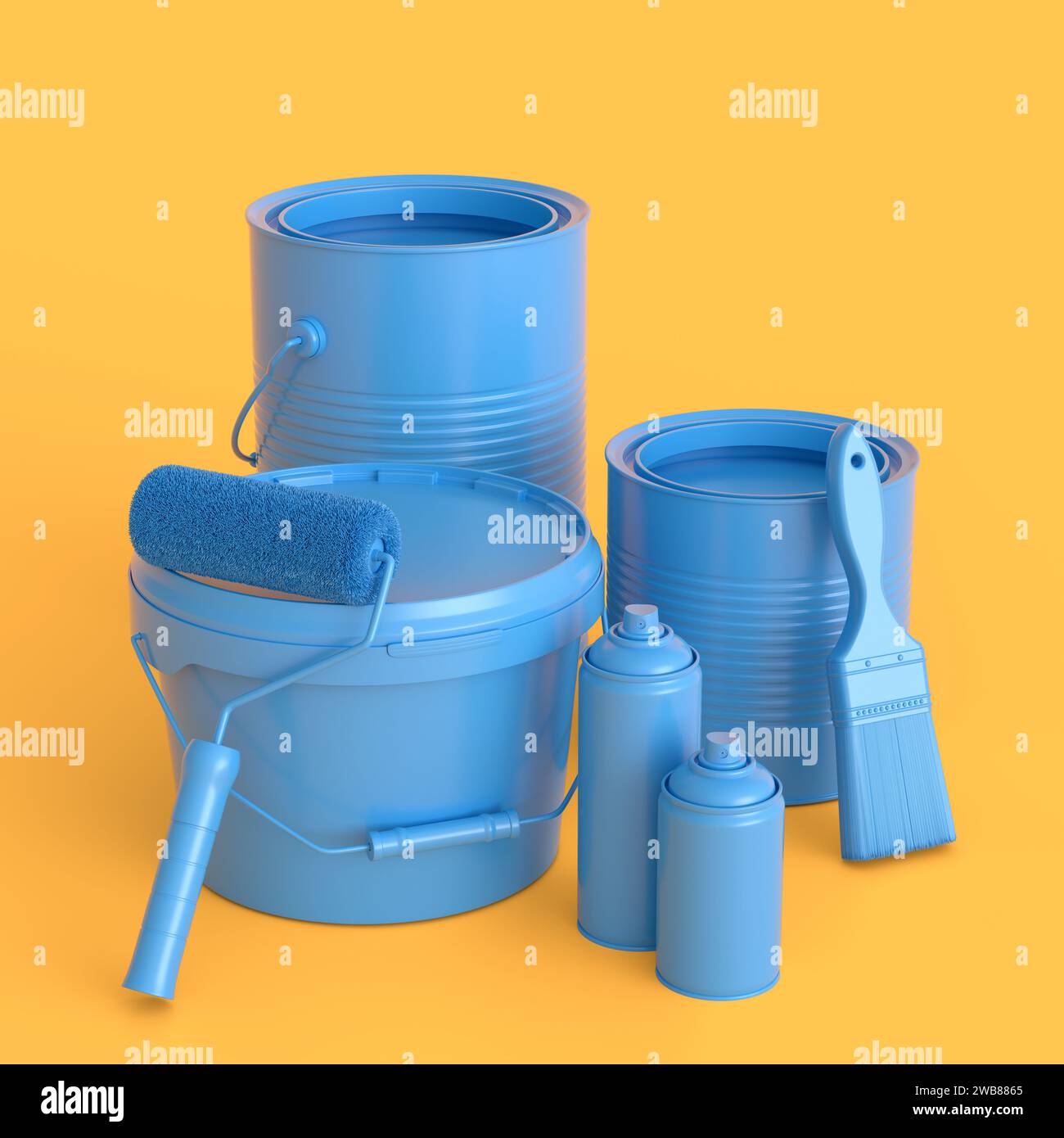 Set of metal and plastic buckets, spray paint, paint roller and brush ...