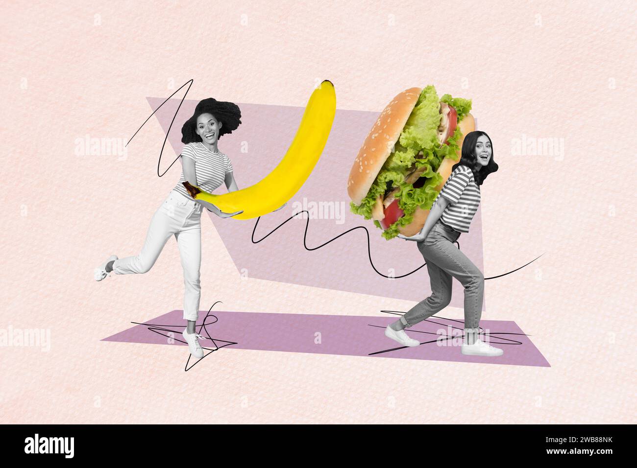 Collage artwork two young girls dieting and doing cheat meal holding ...