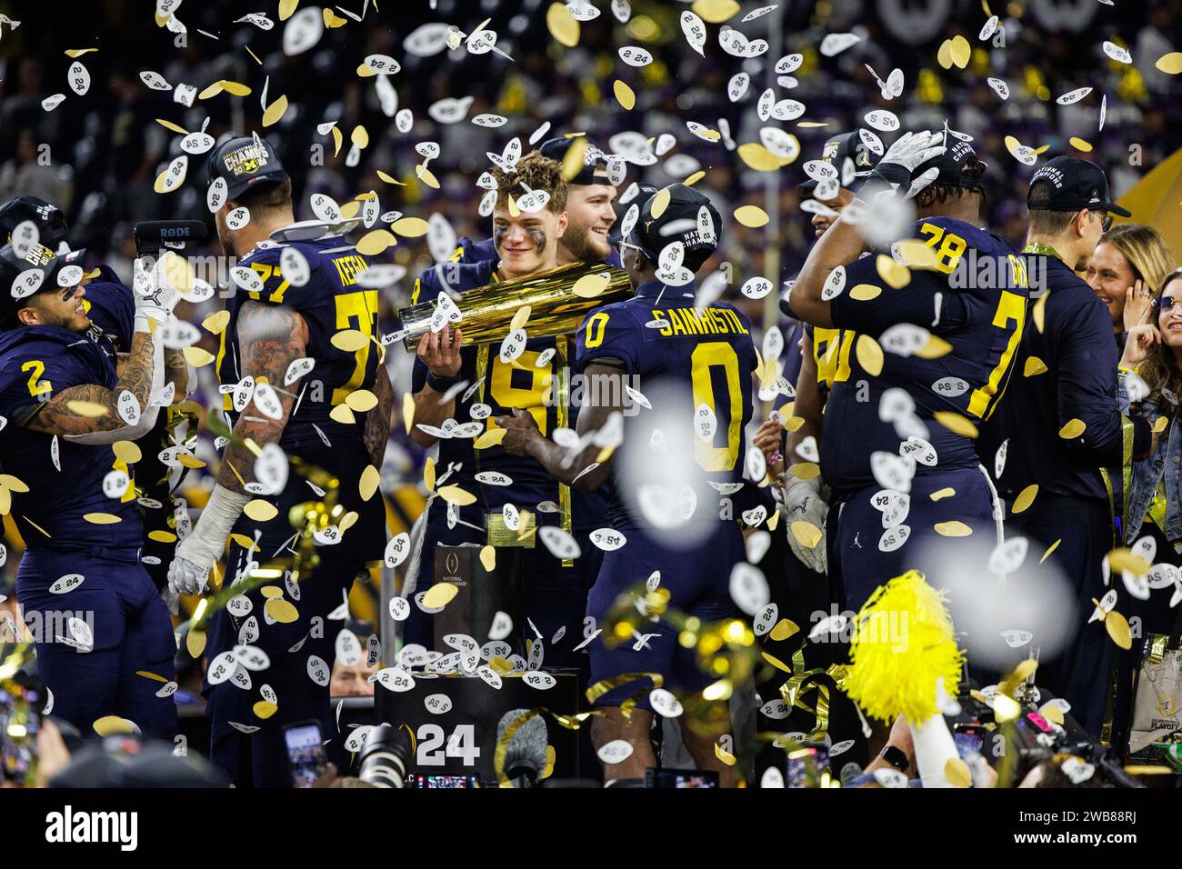 January 08, 2024: Michigan quarterback J.J. McCarthy (9) holds the ...
