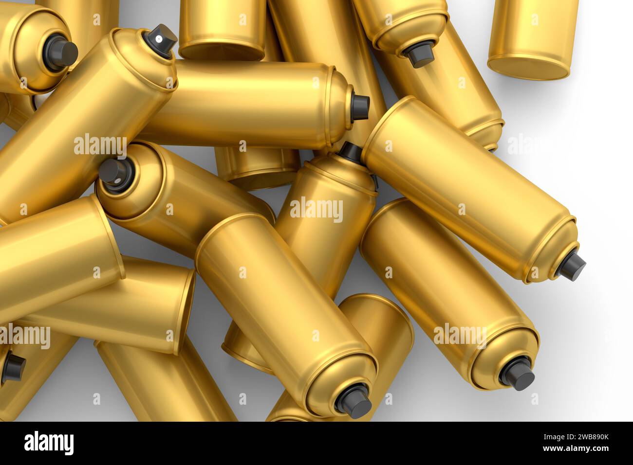 Lots of flying gold spray paint cans on white background. 3d render ...