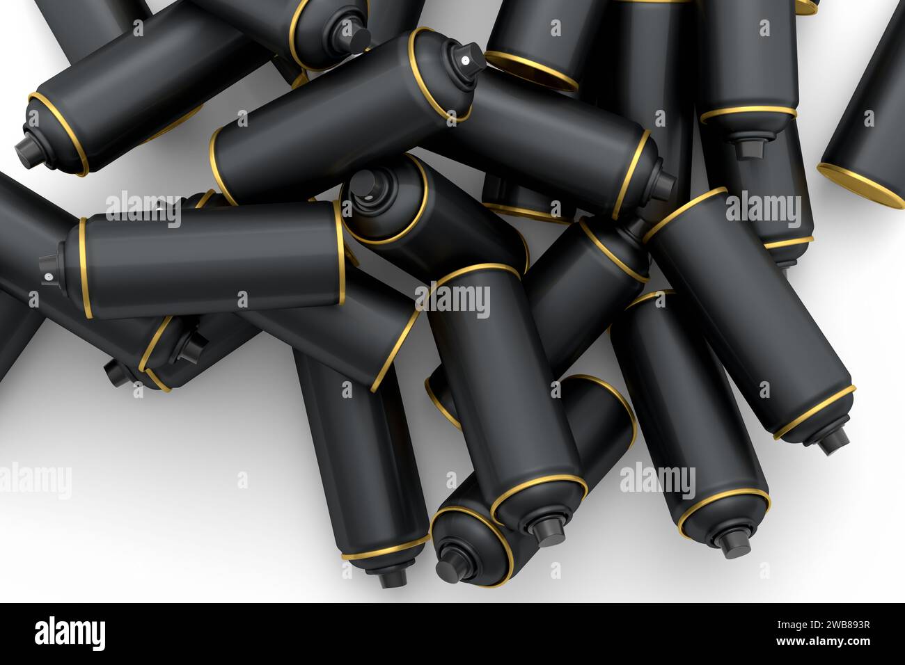 Lots of flying spray paint cans on white background. 3d render spray ...