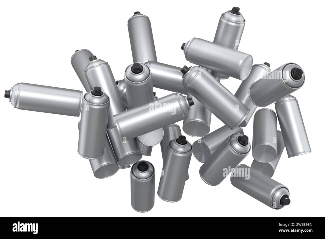 Lots of flying spray paint cans on white background. 3d render spray ...