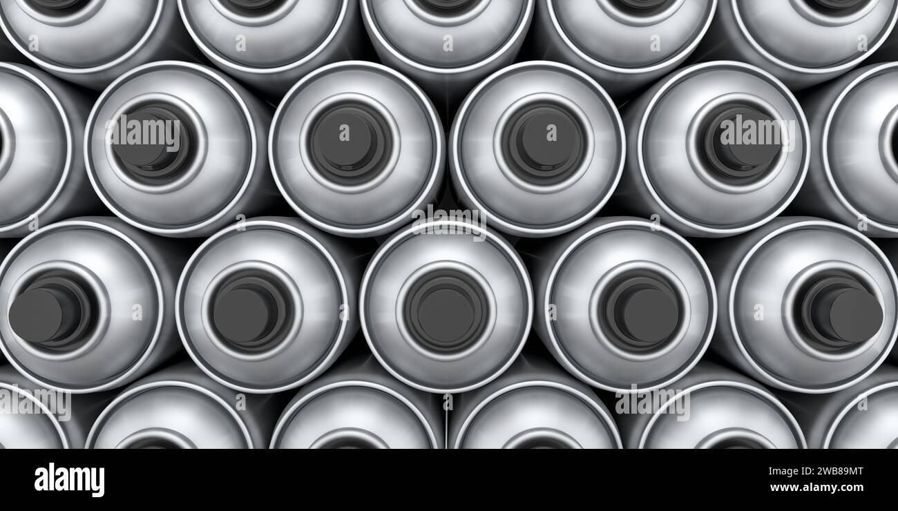 Set of silver spray paint cans in row on white background. 3d render ...