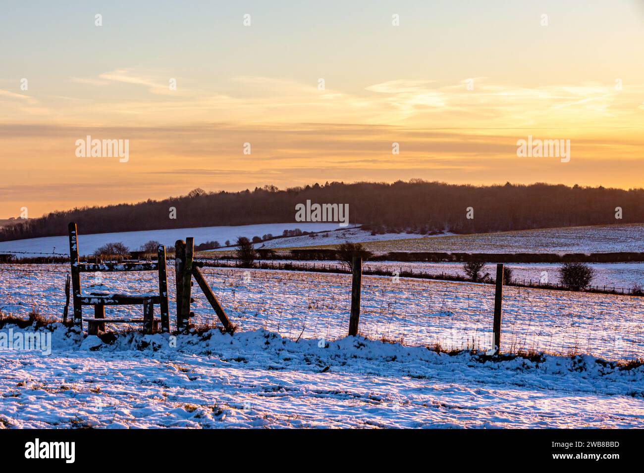 Snow on Ditchling Beacon in Sussex, with a sunset sky overhead Stock ...