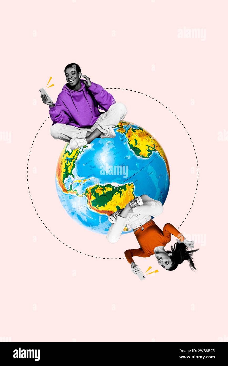 Vertical creative collage two cheerful friends young girls speaking ...