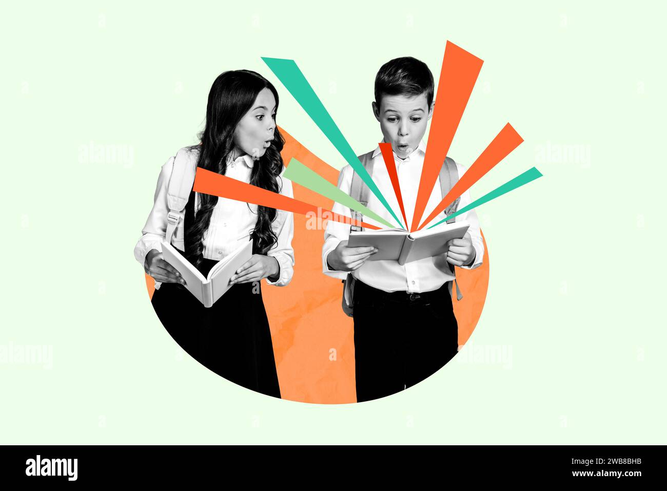 Horizontal surreal photo collage of two little school kids read text book amazed shocked with ...