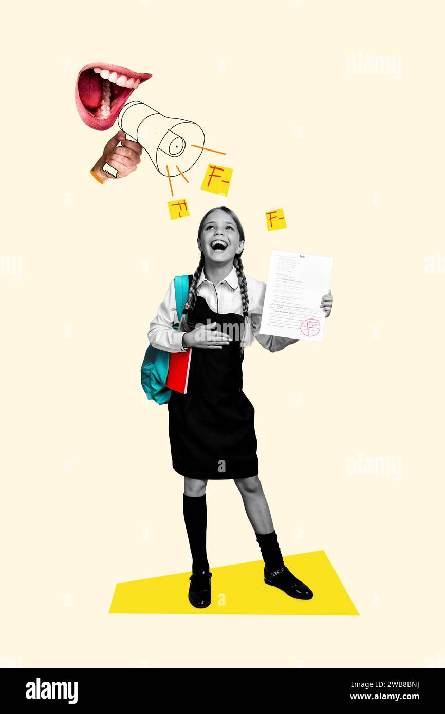 Vertical surreal funny collage of big mouth scream at little laughing ...