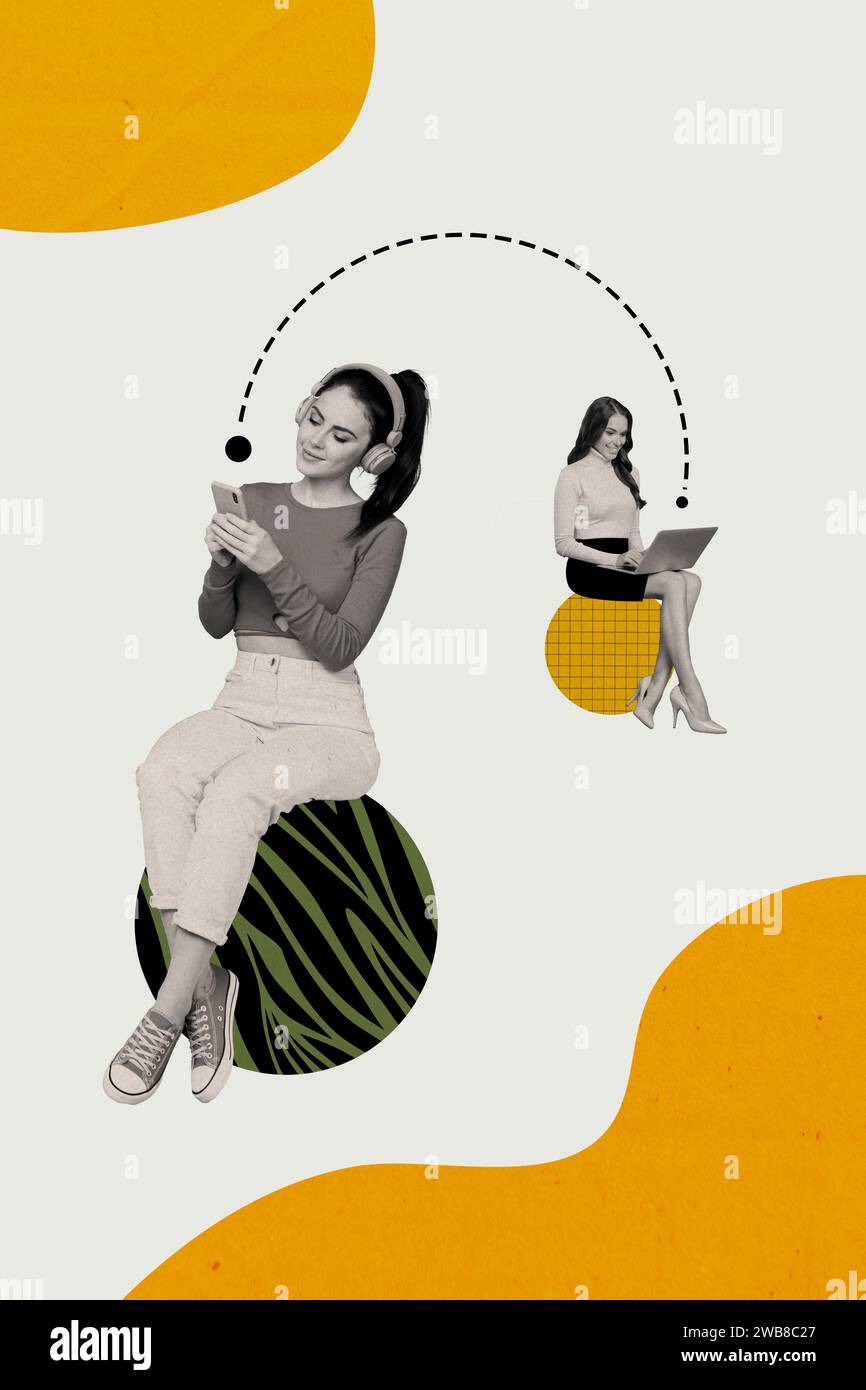Vertical creative collage picture monochrome effect two beautiful ...