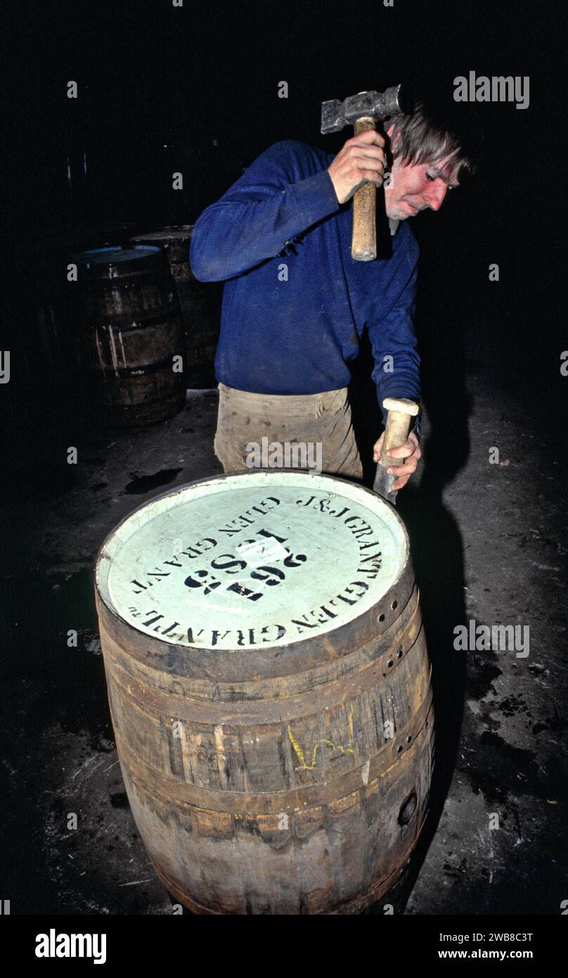 Cooperage in Scotland a cooper restoring the iron hoops of the cask or ...