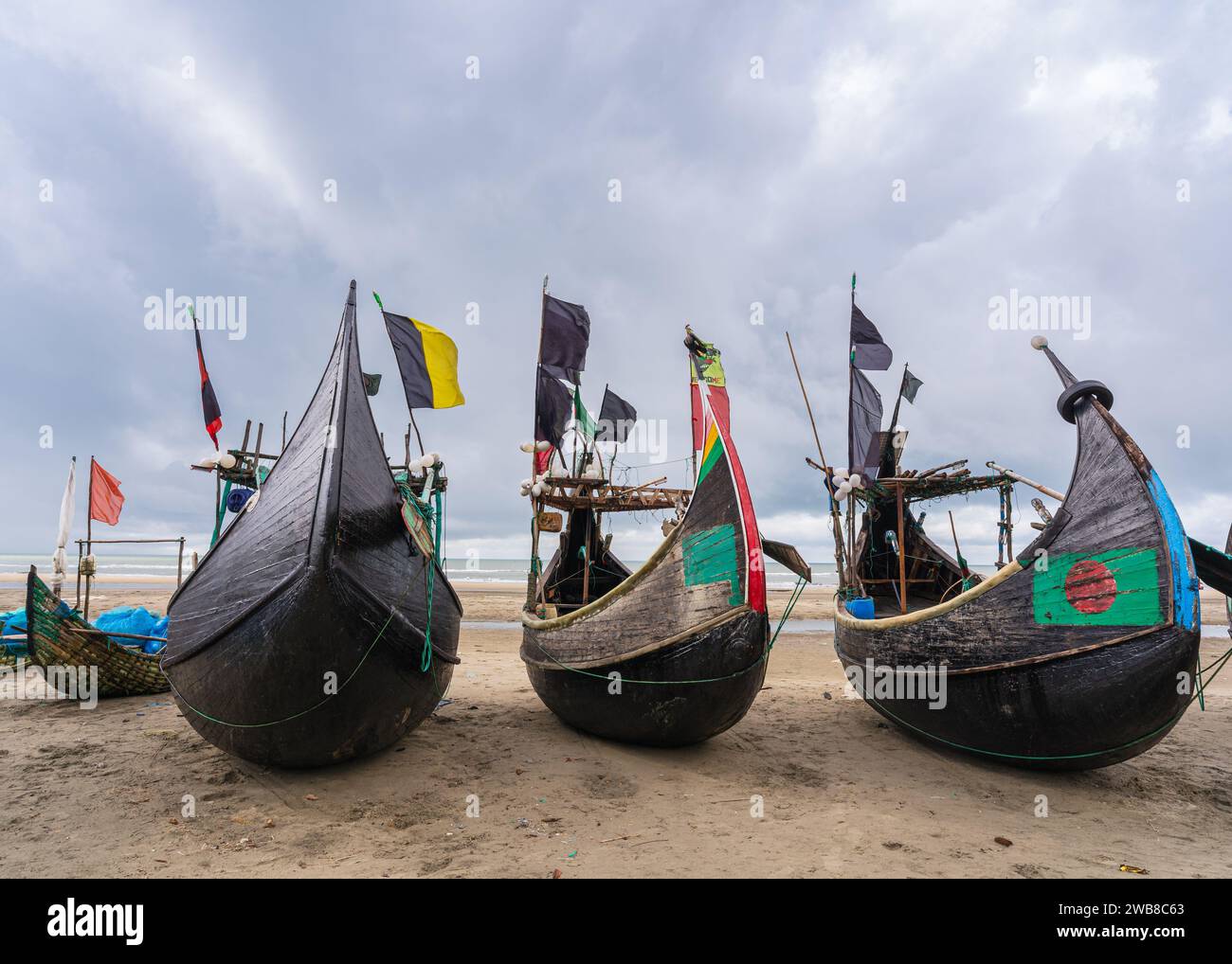 Seascape view of traditional wooden fishing boats known as moon boats ...
