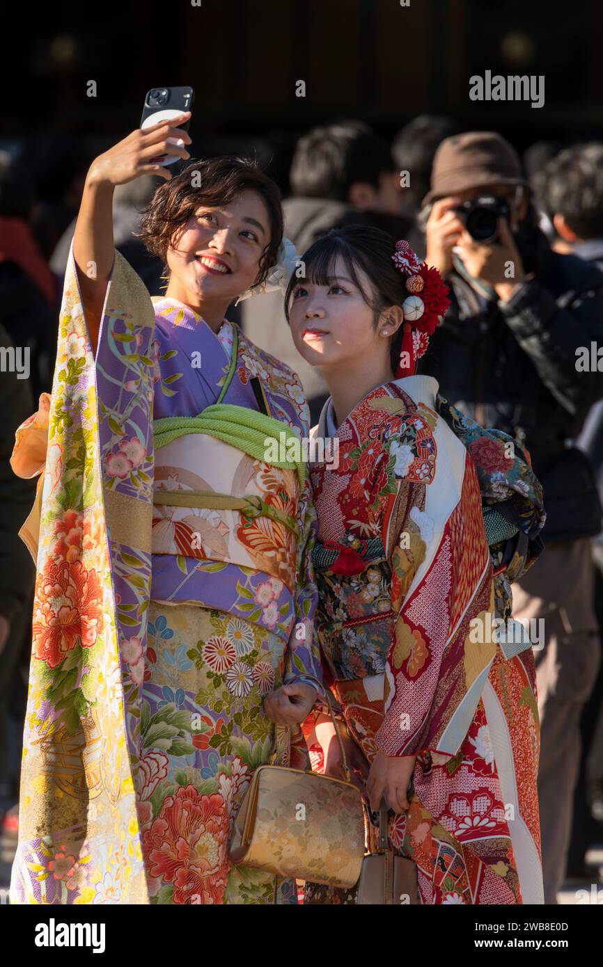Young women in kimono on Coming of Age Day at Meiji Shrine, Harajuku ...